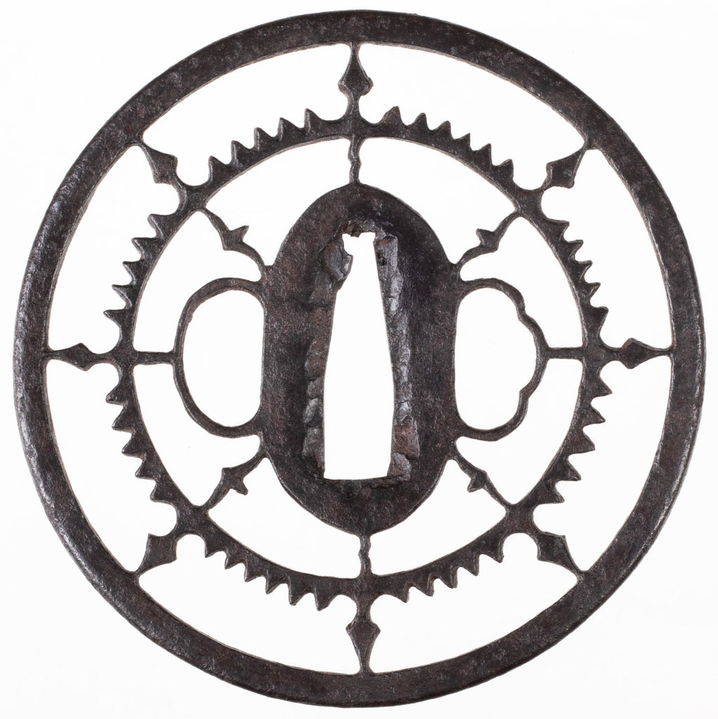 Iron Ko-Shoami School Tsuba Decorated with Rinpo (Dharma Wheel) and Wi ...