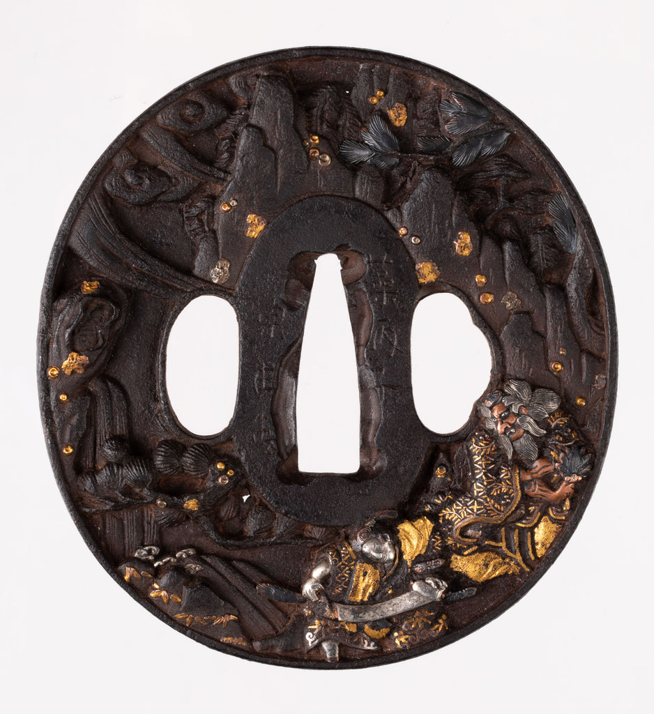 Iron Soten Style Tsuba Decorated with Minamoto No Yoshitsune with Teng ...
