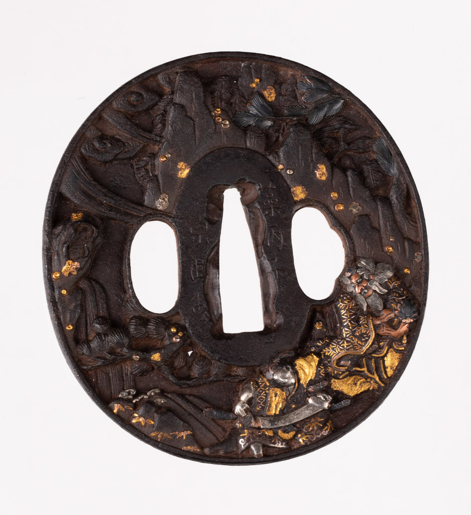 Iron Soten Style Tsuba Decorated with Minamoto No Yoshitsune with Teng ...
