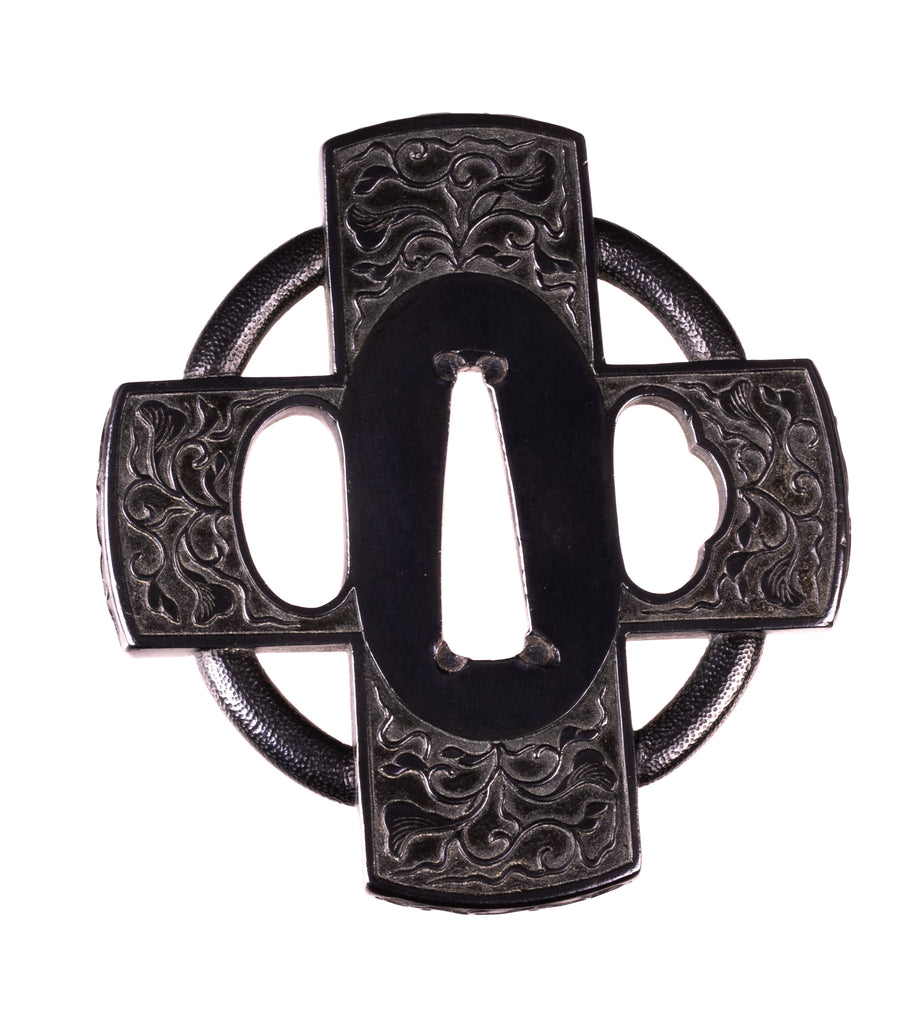 Shakudo Hirado School Tsuba with NBTHK Hozon Tosogu - Cross and Karaku ...